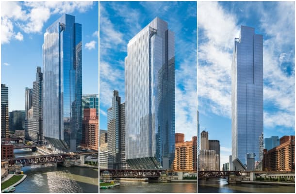 Torre 150 North Riverside de Chicago. Estructura con base muy estrecha